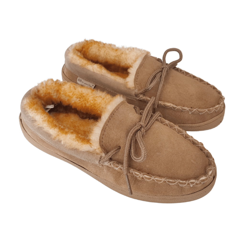 Unisex Moccasin Tan Tipped Slippers - Walnut | Sizes 5-13 – Sheepskin ...